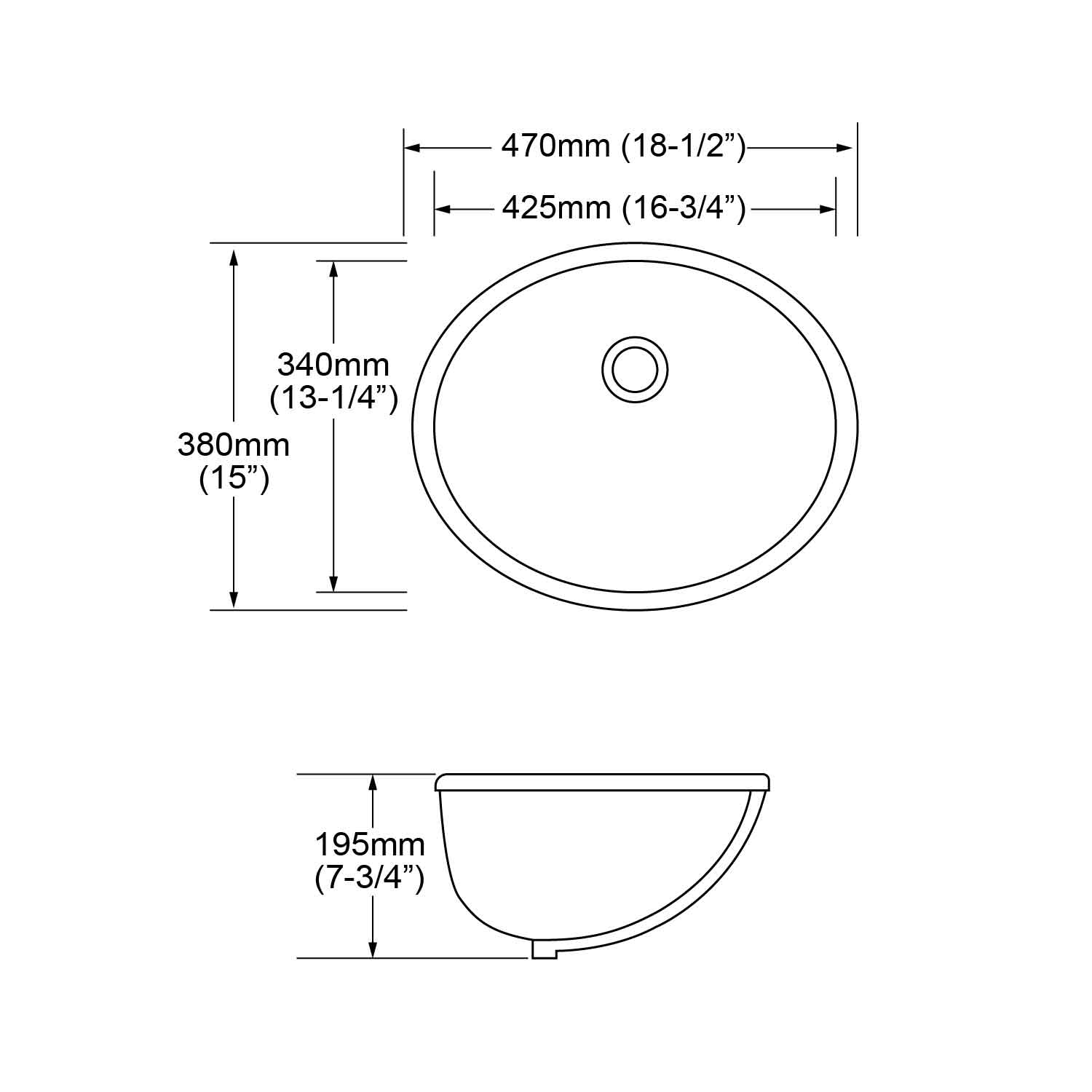 Oval porcelain 18-inch bathroom undermount sink 47 cm ceramic under ...