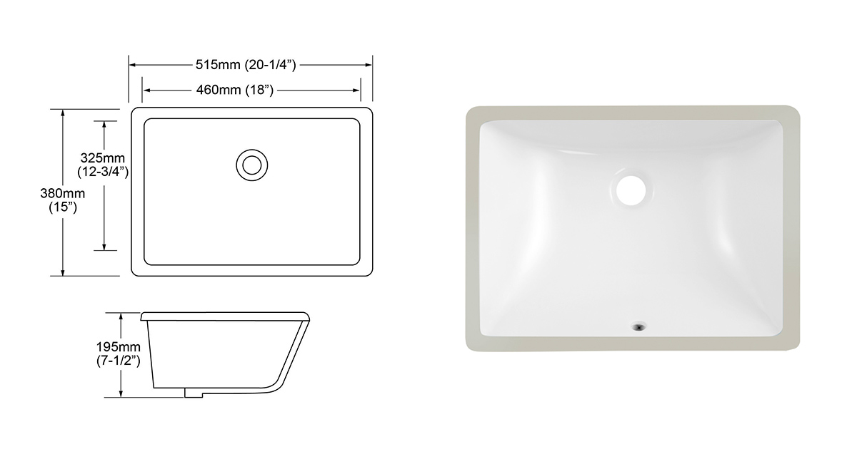 Bathroom 20 Inch Porcelain Rectangular Undermount Sink in White with ...