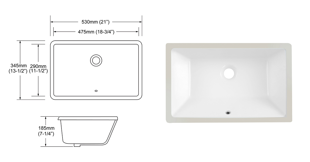 White 20-inch rectangle undermount sink with pre-drilled front overflow ...